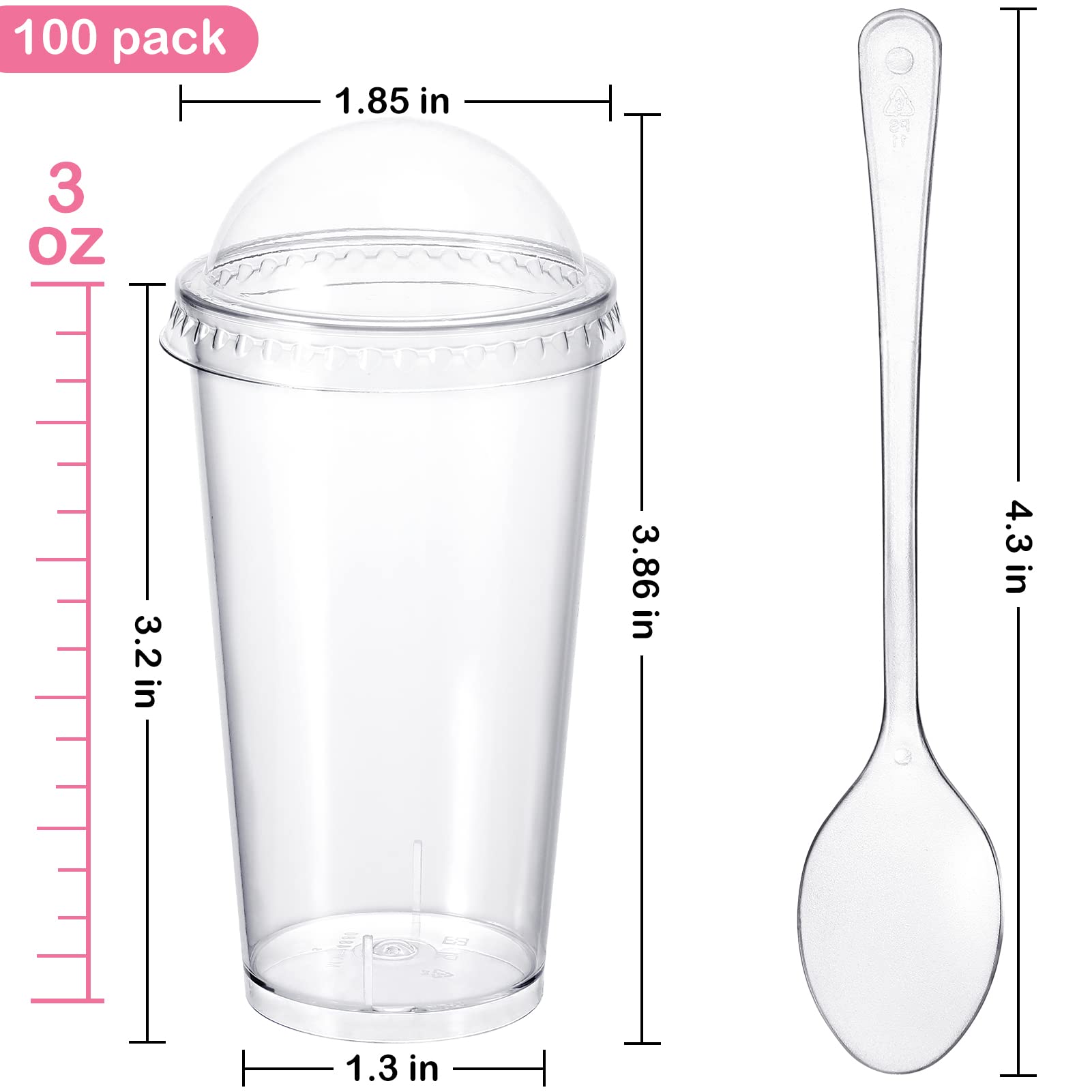 HawHawToys 100 Pack 3 OZ Dessert Cups with Lids and Spoons, Clear Plastic Mini Dessert Shooter Parfait Cups for Party Desserts,Appetizers Serving (100)