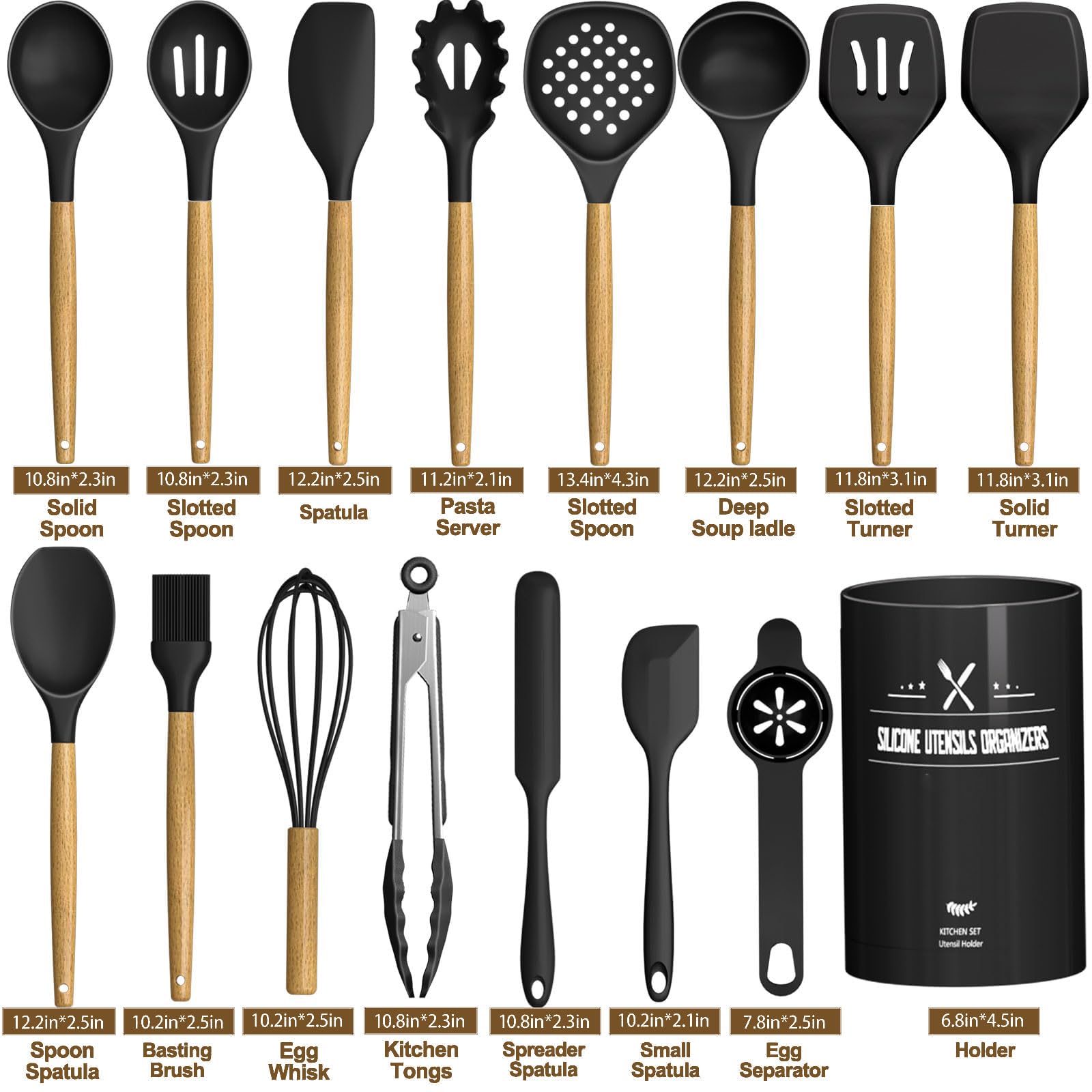 Kitchen Utensils Set, AIKKIL16 Pcs Cooking Utensils Set with Holder, Heat Resistance, Black Wooden Handle Silicone Kitchen Gadgets Utensil Set for Nonstick Cookware