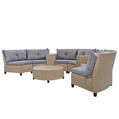 XD Designs 6-Persons Outdoor Half Round Patio Rattan Sectional Sofa Set, All Weather PE Wicker Free Combination Conversation Sofa Set with Thick Cushions and Coffee Table for Garden Yard (Brown+Gray)