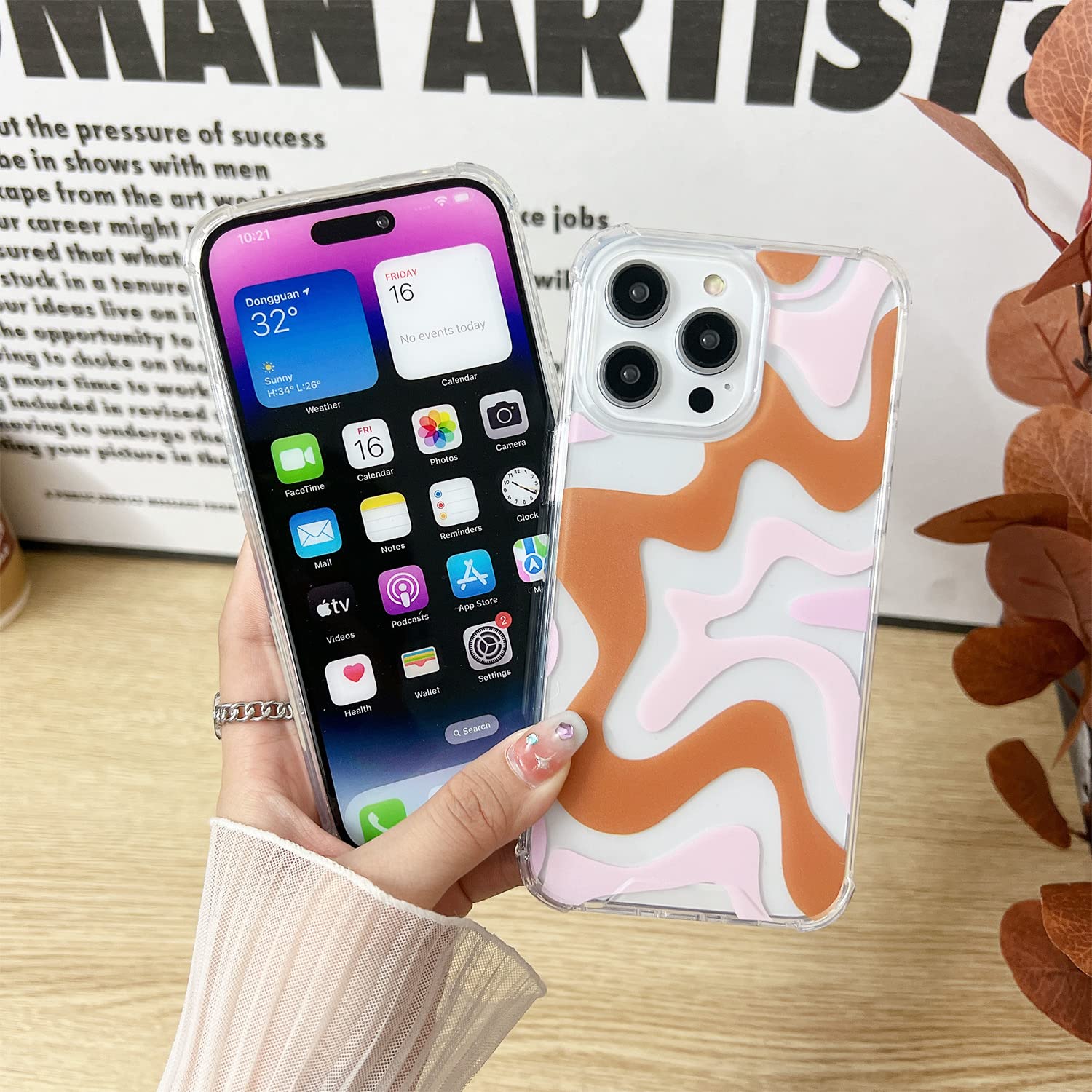Sayoaho Compatible with iPhone 14 Pro Max Phone Case, Cute Art Wavy Painted for Women Girls, Soft TPU Edge PC Back Protective Shockproof Phone Case-Green