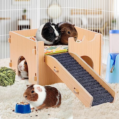 Guinea Pig Castle, Wooden Guinea Pig Hideout with Cave Stairs & Mat, Small Animal House Bed Hut Habitats for Hamsters Bunny Chinchillas Playing Sleeping Hiding