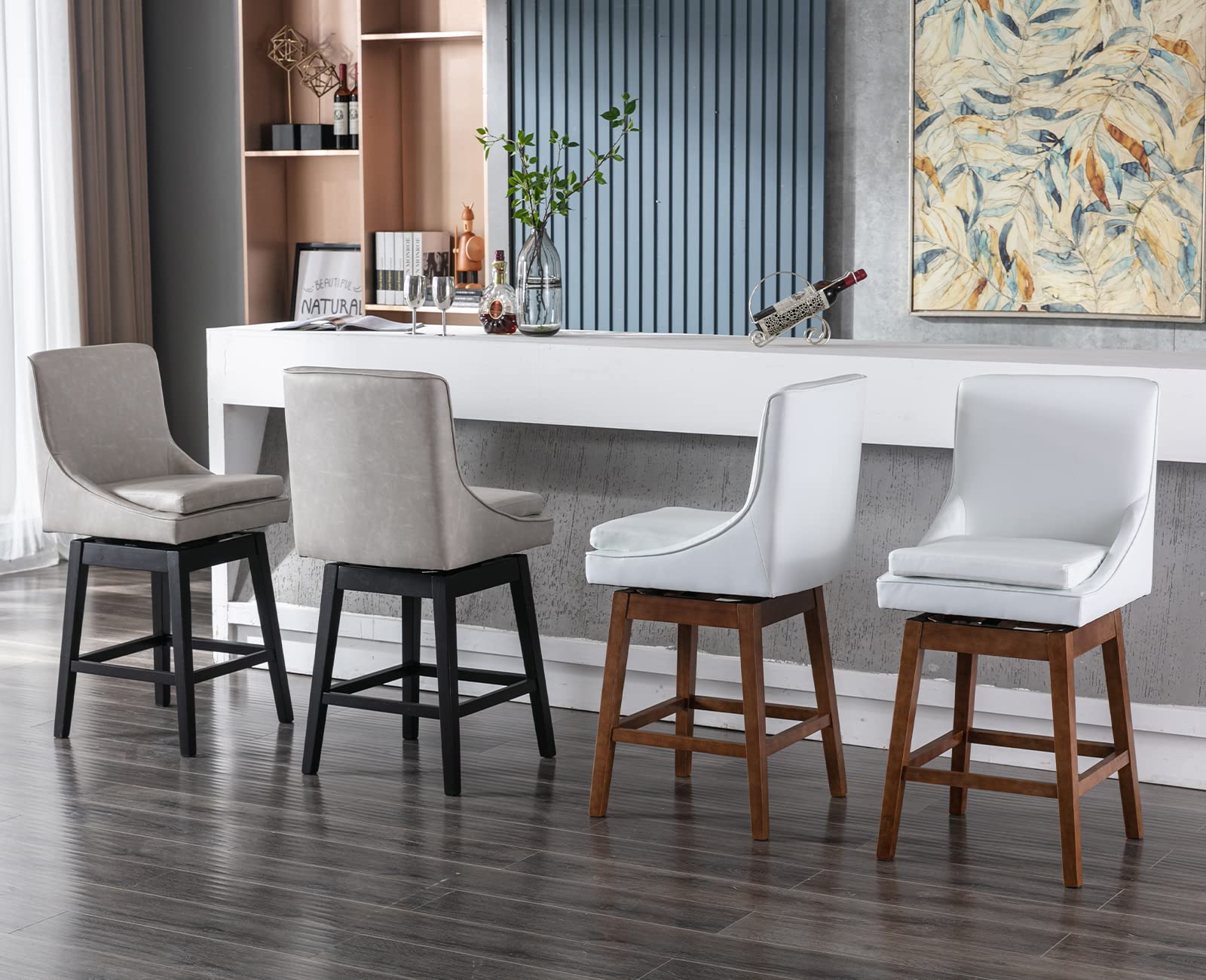 Kmax PU Leather Counter Height Bar Stools Swivel Modern Bar Stools with Wood Legs Footrest for Dining Room Kitchen Island, Set of 2- Beige