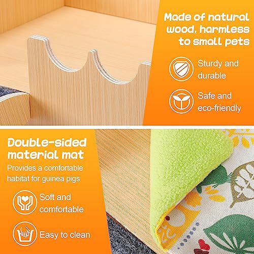 Guinea Pig Castle, Wooden Guinea Pig Hideout with Cave Stairs & Mat, Small Animal House Bed Hut Habitats for Hamsters Bunny Chinchillas Playing Sleeping Hiding