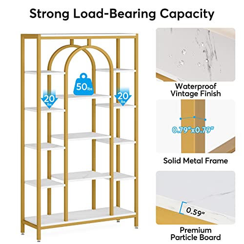 Tribesigns 5-Tier Bookshelf, Modern Tall Bookcase Book Shelf Organizer Freestanding Open Display Shelves for Bedroom Living Room Home Office, 70.8" H x 39.4" L, White/Gold