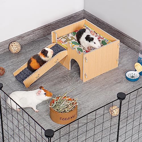 Guinea Pig Castle, Wooden Guinea Pig Hideout with Cave Stairs & Mat, Small Animal House Bed Hut Habitats for Hamsters Bunny Chinchillas Playing Sleeping Hiding