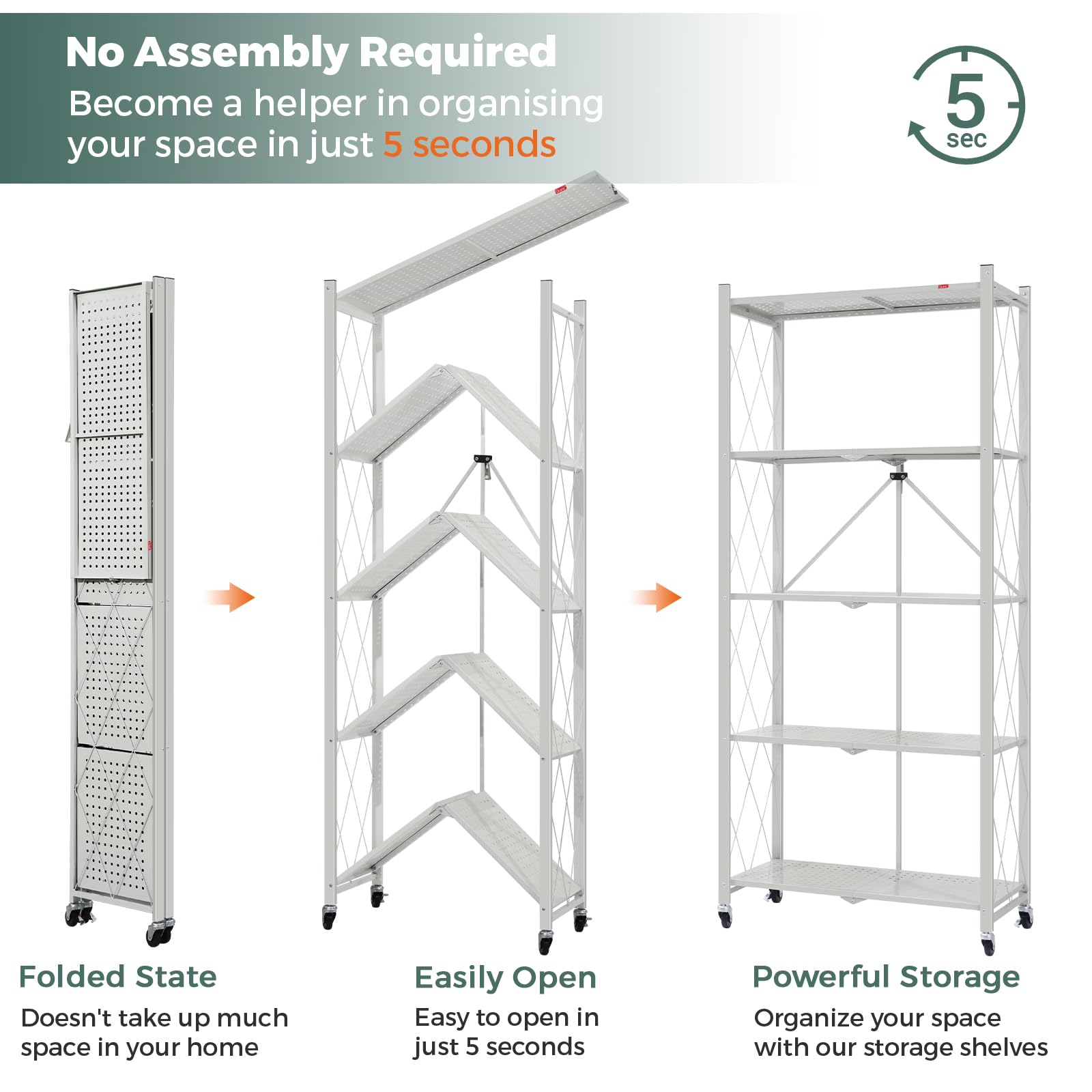 DEANIC 5 Tier Storage Shelves with Wheels, Kitchen Rolling Cart, Metal Garage Shelving No Assembly, Heavy Duty Utility Cart for Garage, Kitchen, Basement, Pantry (Grey,Pack of 2)