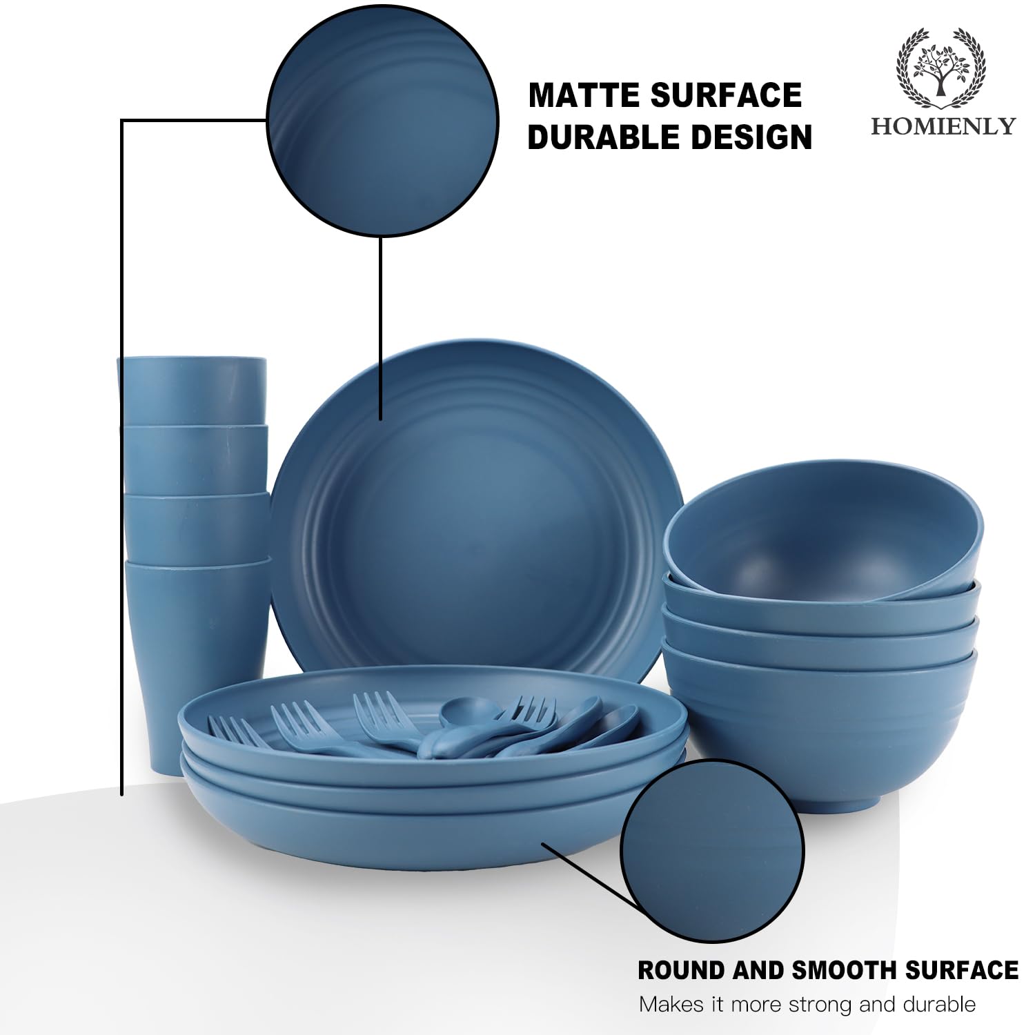 Homienly Wheat Straw Dinnerware Sets, 20pcs Unbreakable Microwave Dishwasher Safe Tableware Lightweight Bowls, Cups, Plates Set Reusable Dinner Plates Bowls set (Blue)