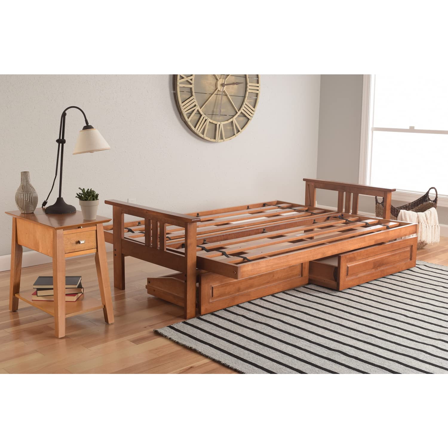 HomeStock Asian Allure Fusion Futon Wood Frame Classic Style with Mission Style Arms with Solid Pattern with Foldable Feature for Lounge Room with Tight Back Butternut/Full Frame with Drawers