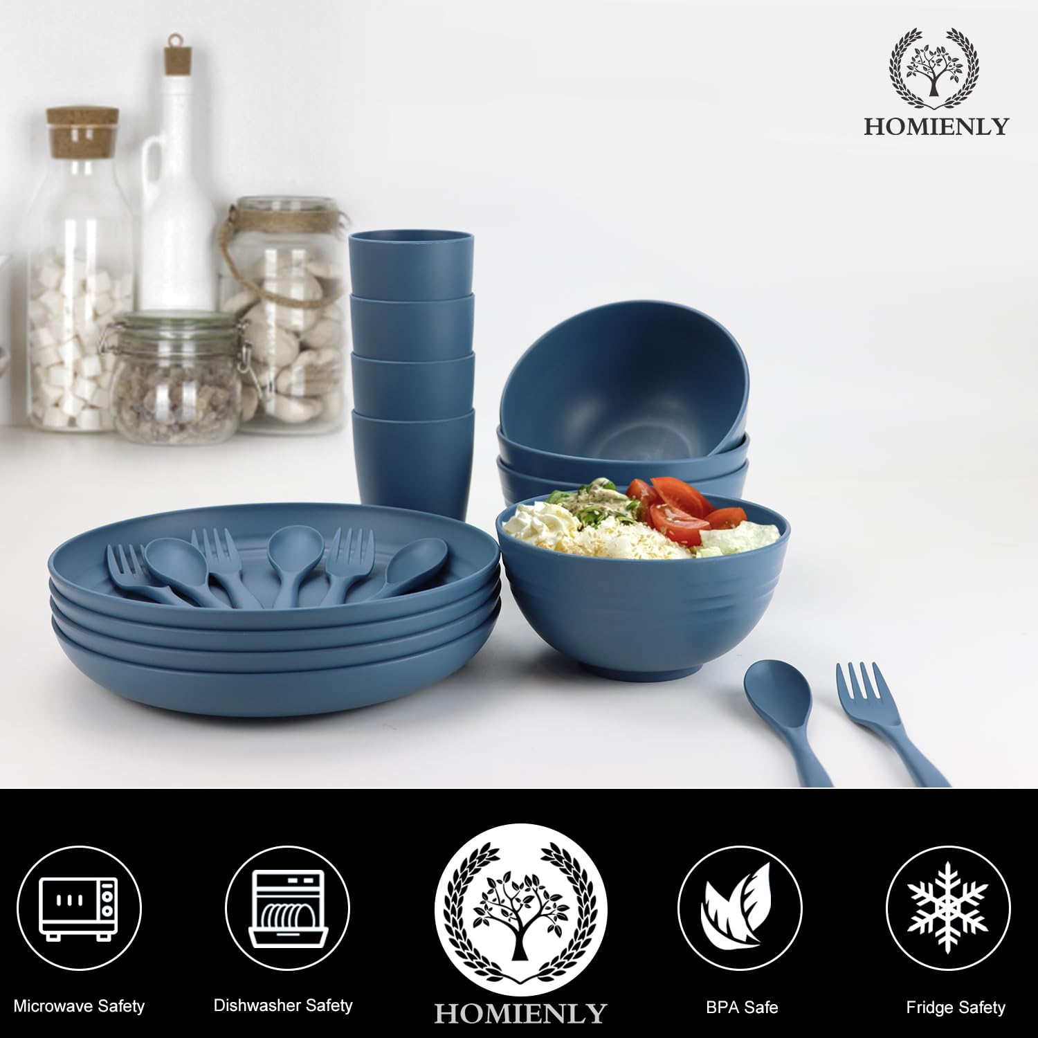 Homienly Wheat Straw Dinnerware Sets, 20pcs Unbreakable Microwave Dishwasher Safe Tableware Lightweight Bowls, Cups, Plates Set Reusable Dinner Plates Bowls set (Blue)