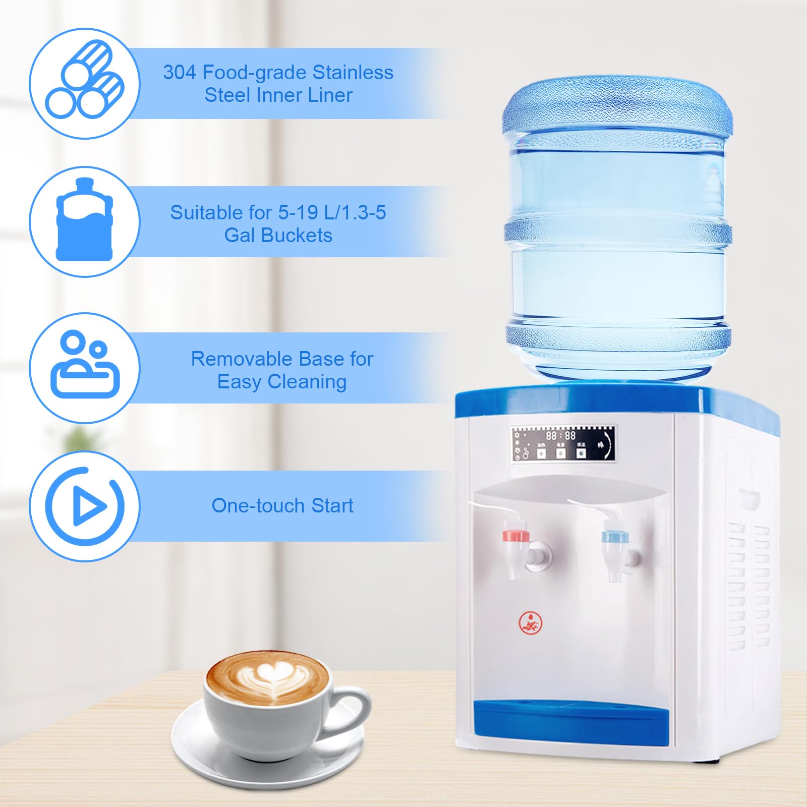 Water Cooler Dispenser Top Loading Hot and Cold Water Dispenser Countertop Water Cooler Holds 3 or 5 Gallon Bottles for Home, Office White