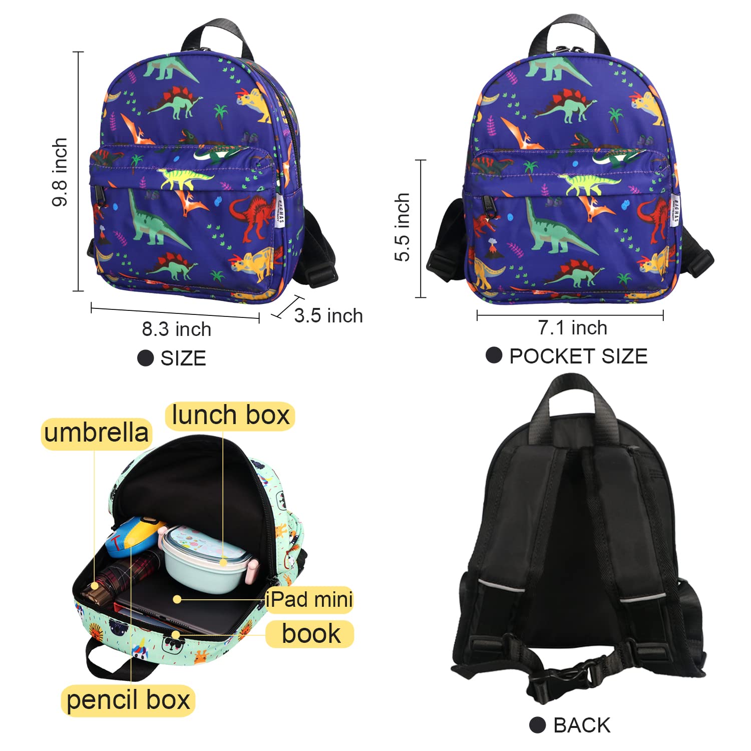 BIGHAS Lightweight Toddler Kids Backpack with Chest Strap For Boys and Girls, Preschool Kindergarten 3-6 Years Old 30 Colors (Trex/Blue)