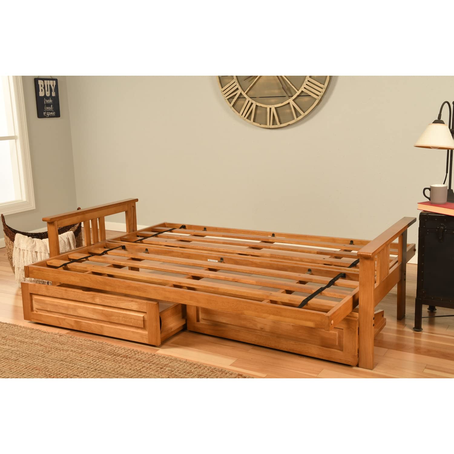 HomeStock Asian Allure Fusion Futon Wood Frame Classic Style with Mission Style Arms with Solid Pattern with Foldable Feature for Lounge Room with Tight Back Butternut/Full Frame with Drawers