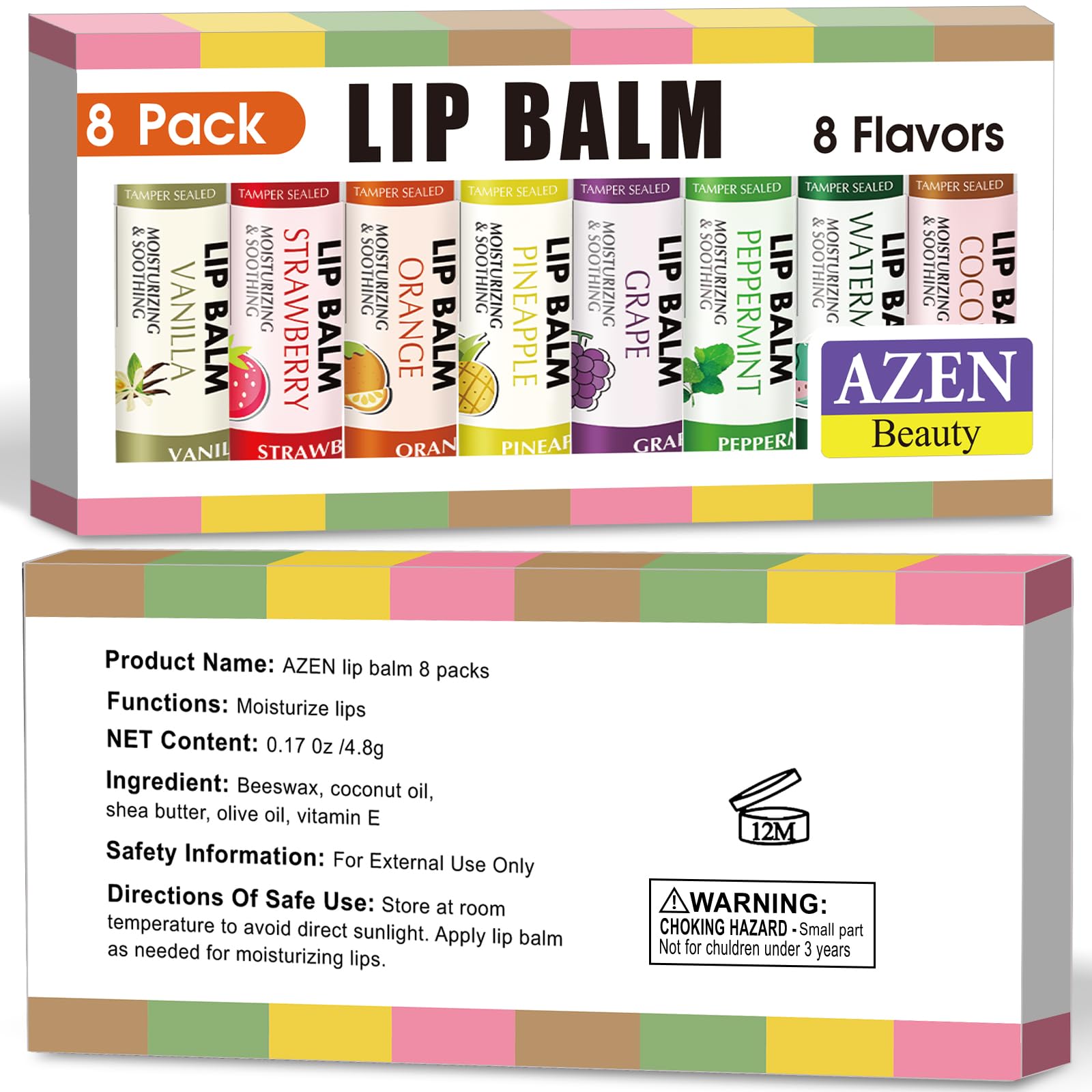 AZEN 8 Pack Lip Balm Stocking, Natural Lip Balm Bulk, Moisturizing Lip Balm for Dry Lips