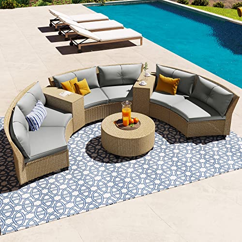 XD Designs 6-Persons Outdoor Half Round Patio Rattan Sectional Sofa Set, All Weather PE Wicker Free Combination Conversation Sofa Set with Thick Cushions and Coffee Table for Garden Yard (Brown+Gray)
