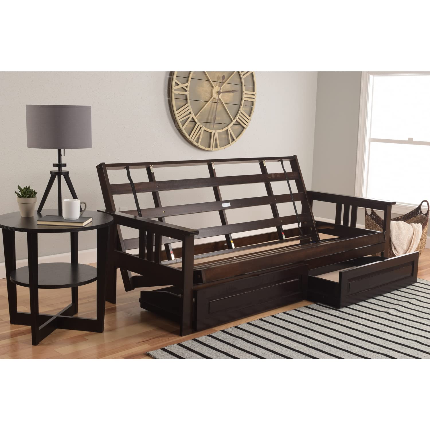 HomeStock Asian Allure Fusion Futon Wood Frame Classic Style with Mission Style Arms with Solid Pattern with Foldable Feature for Lounge Room with Tight Back Butternut/Full Frame with Drawers