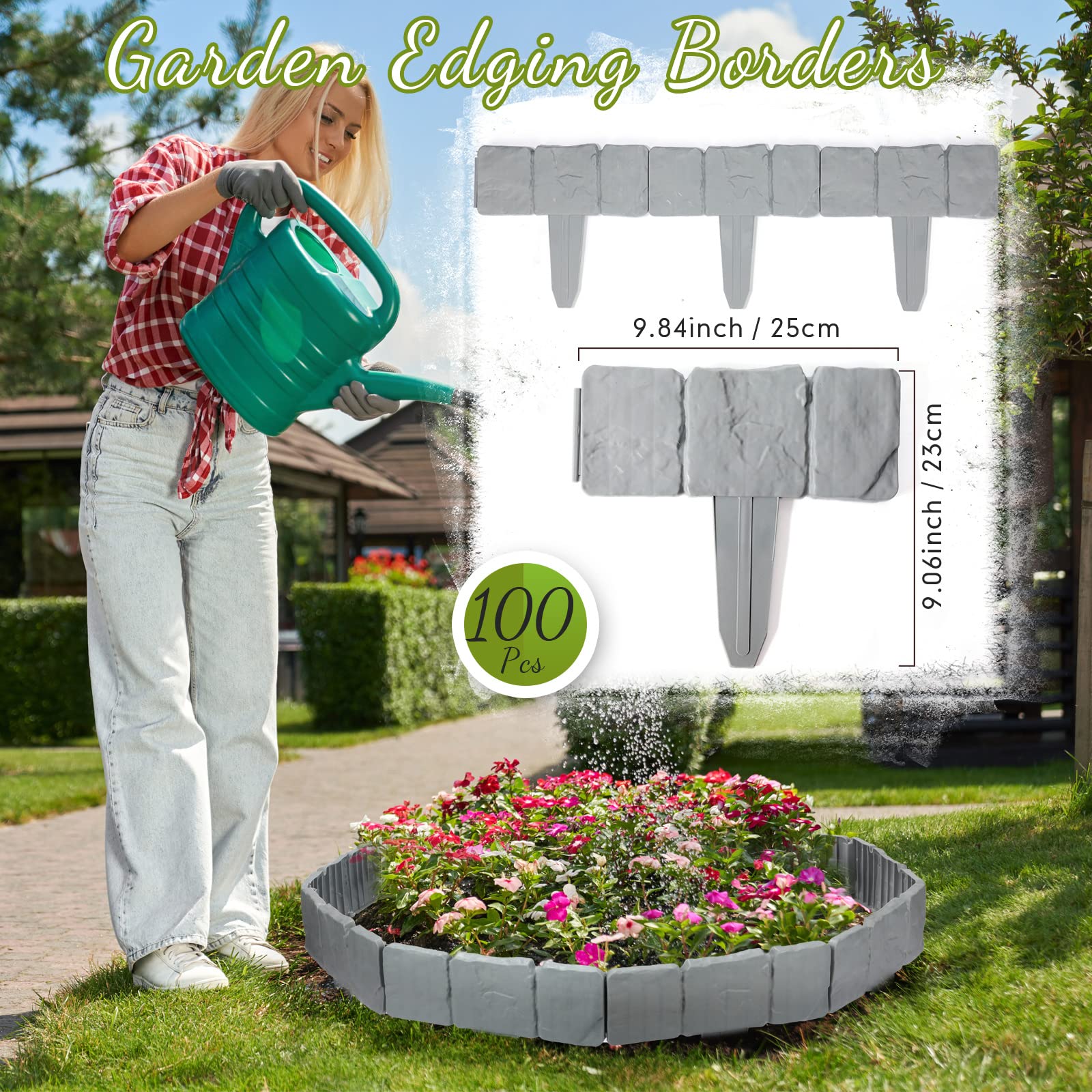 100 Pcs Garden Edging Borders Plastic Landscape Edging Imitation Stone Effect Fence Grey Flower Bed Edging Decorative Lawn Fence Borders for DIY Outdoor Patio Balcony Yard Walkway Landscaping