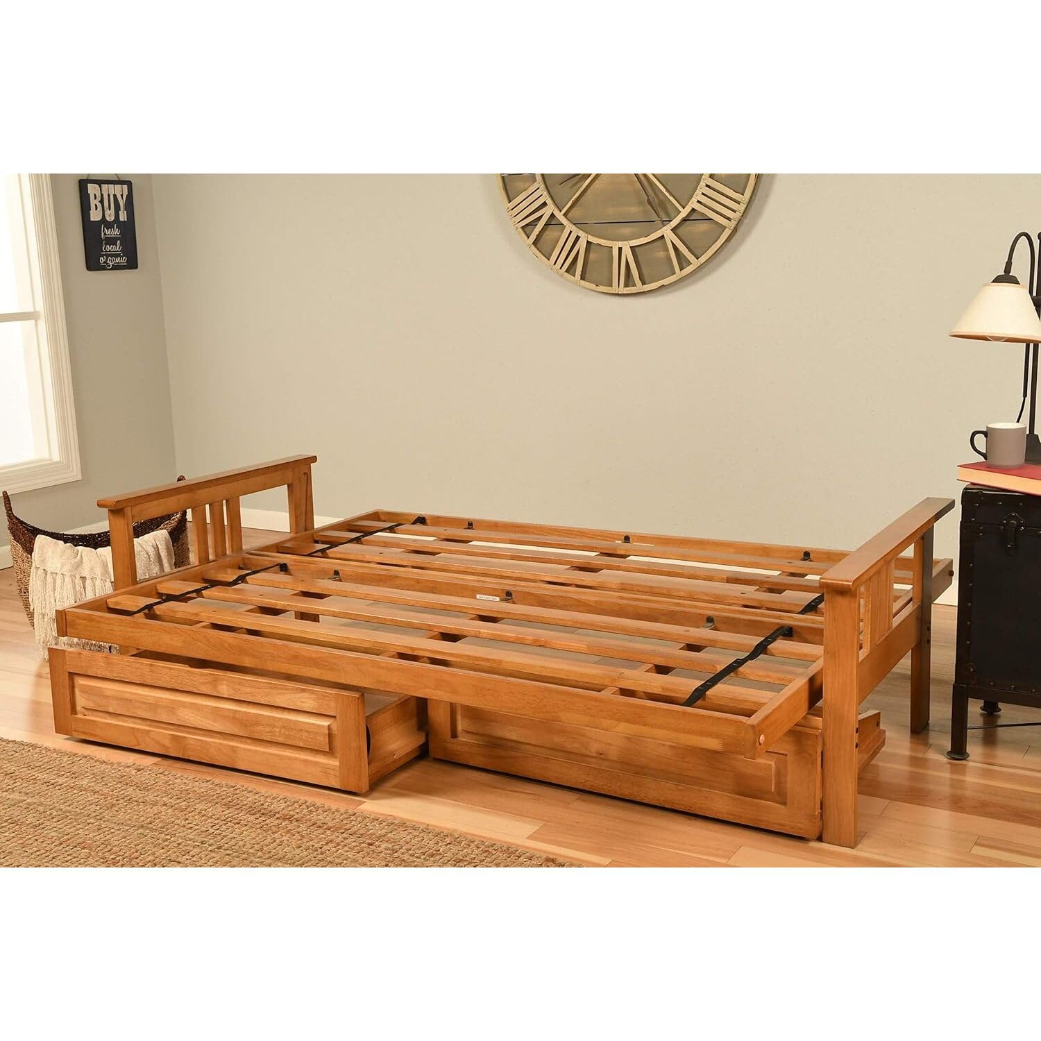 HomeStock Asian Allure Fusion Futon Wood Frame Classic Style with Mission Style Arms with Solid Pattern with Foldable Feature for Lounge Room with Tight Back Butternut/Full Frame with Drawers