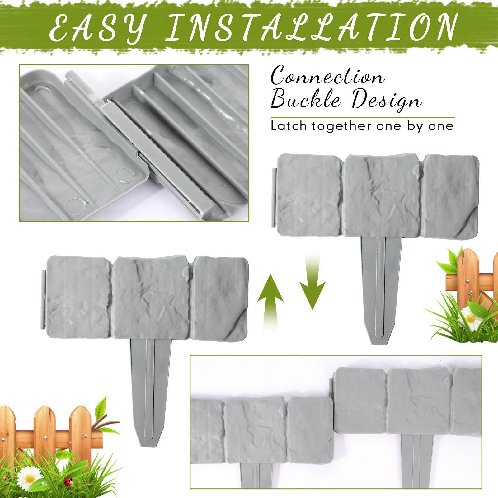 100 Pcs Garden Edging Borders Plastic Landscape Edging Imitation Stone Effect Fence Grey Flower Bed Edging Decorative Lawn Fence Borders for DIY Outdoor Patio Balcony Yard Walkway Landscaping
