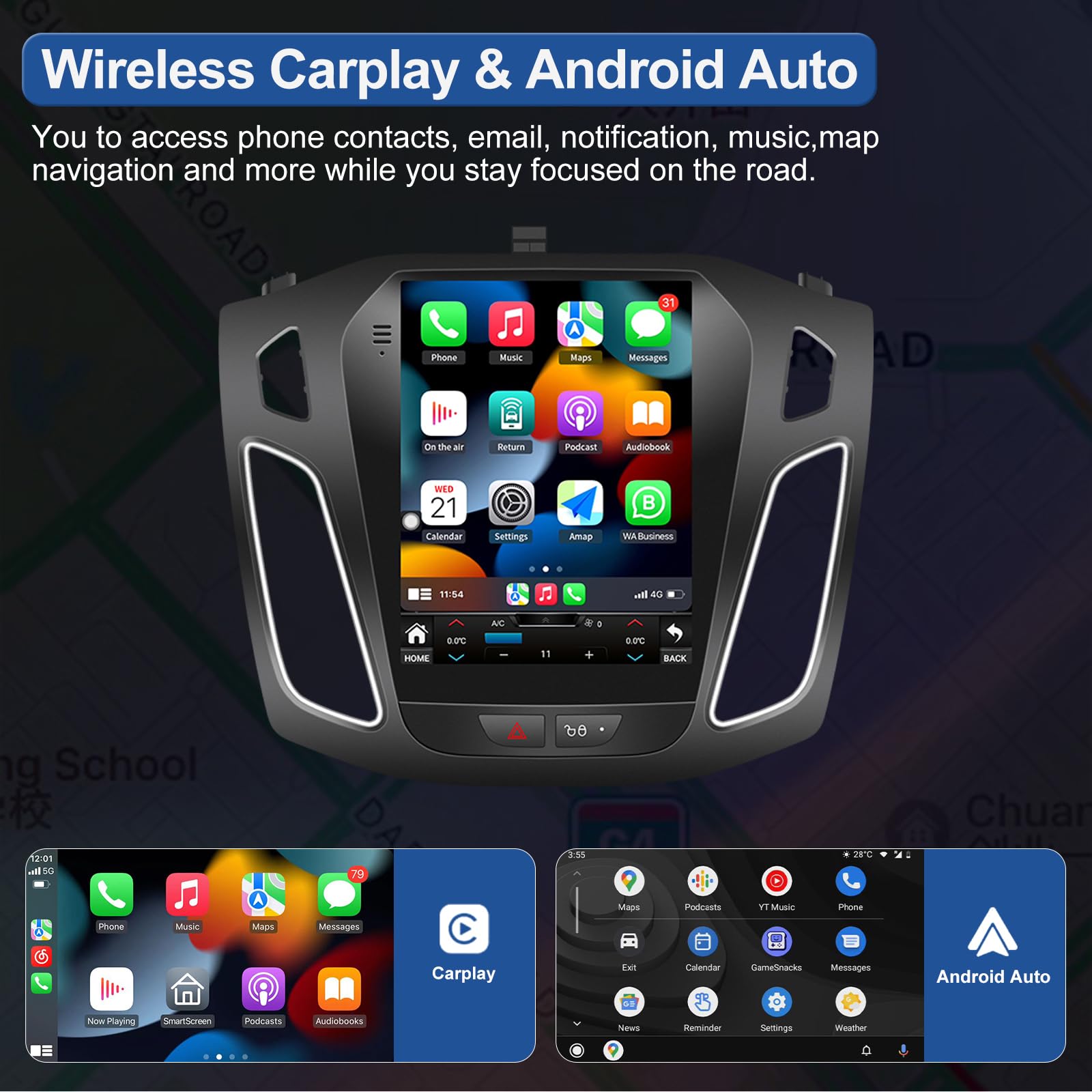 10.4 inches 5GWIFI 4GB+32GB Car Stereo Radio for Ford Focus 2012-2018 Android 13 Car Stereo Radio Upgrade T-Style Head Unit with Carplay/Android Auto with Bluetooth GPS Navigation FM/RDS 48EQ SWC