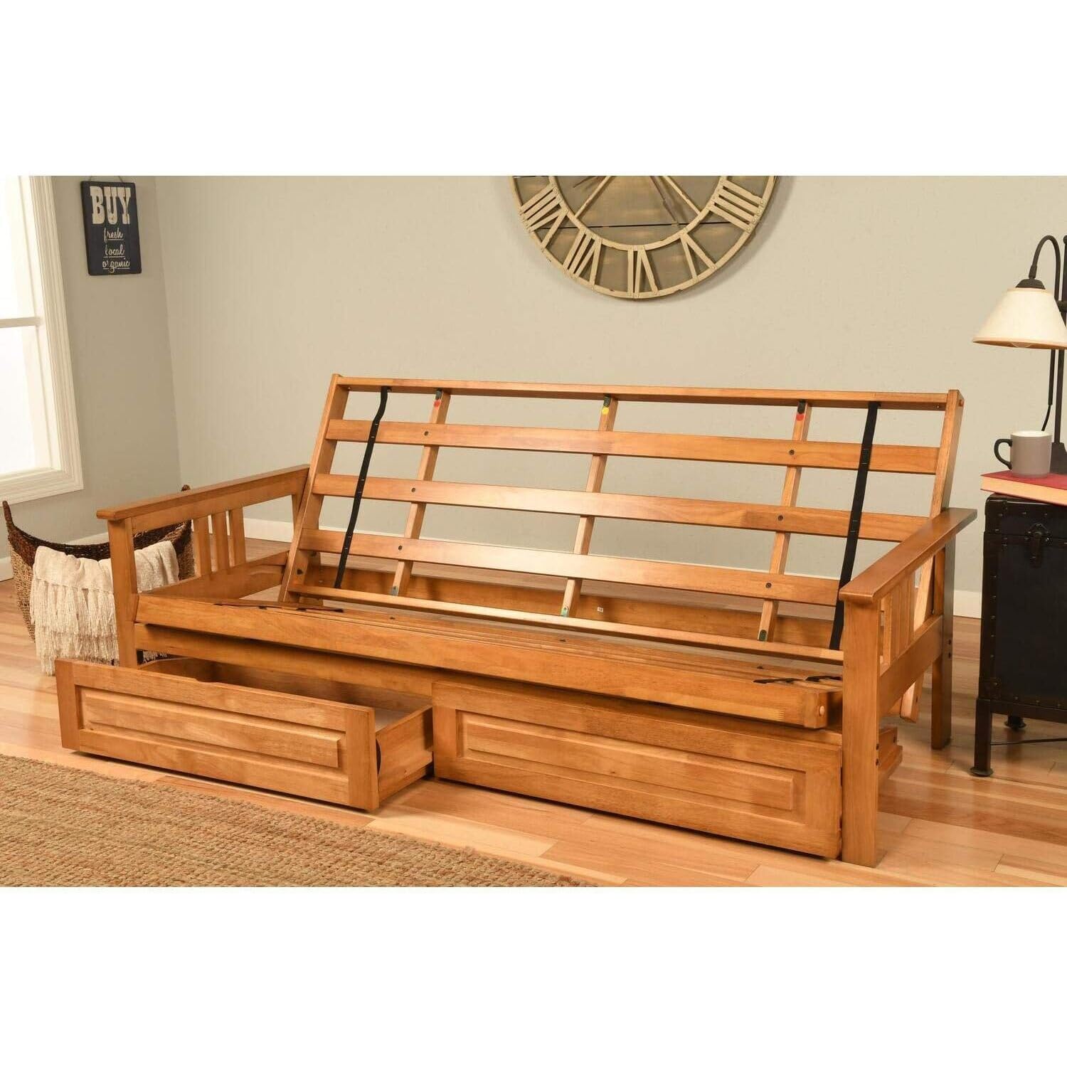 HomeStock Asian Allure Fusion Futon Wood Frame Classic Style with Mission Style Arms with Solid Pattern with Foldable Feature for Lounge Room with Tight Back Butternut/Full Frame with Drawers