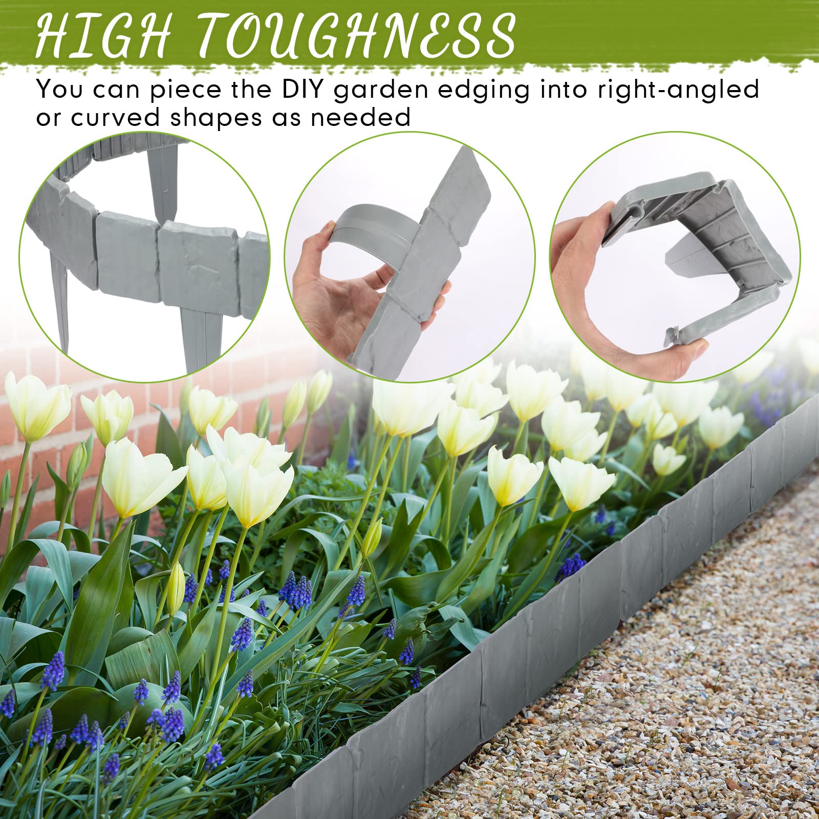 100 Pcs Garden Edging Borders Plastic Landscape Edging Imitation Stone Effect Fence Grey Flower Bed Edging Decorative Lawn Fence Borders for DIY Outdoor Patio Balcony Yard Walkway Landscaping