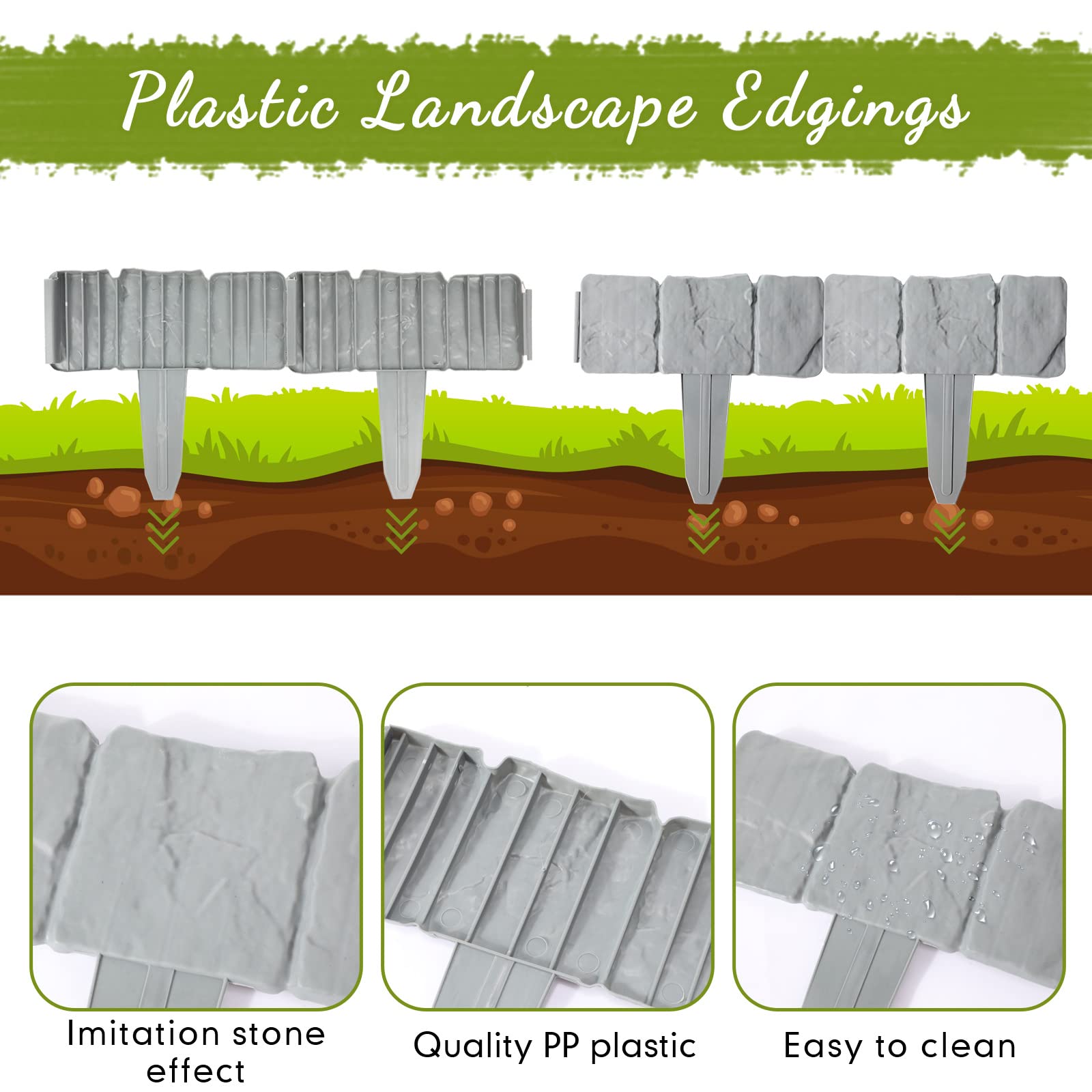 100 Pcs Garden Edging Borders Plastic Landscape Edging Imitation Stone Effect Fence Grey Flower Bed Edging Decorative Lawn Fence Borders for DIY Outdoor Patio Balcony Yard Walkway Landscaping