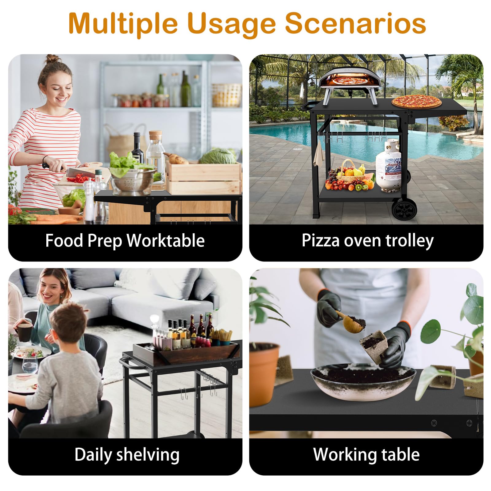 Blomed Dining Cart Table with Double-Shelf, Grill Cart with Wheels, Movable Steel Flattop Worktable, 6 Hooks, Side Handle, BBQ Cart Pizza Oven Stand