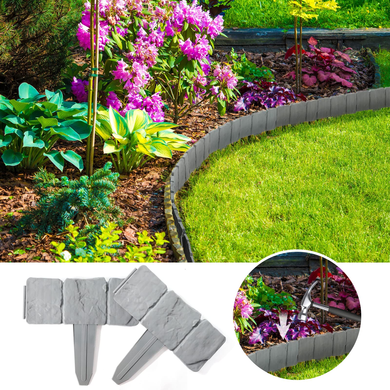 100 Pcs Garden Edging Borders Plastic Landscape Edging Imitation Stone Effect Fence Grey Flower Bed Edging Decorative Lawn Fence Borders for DIY Outdoor Patio Balcony Yard Walkway Landscaping