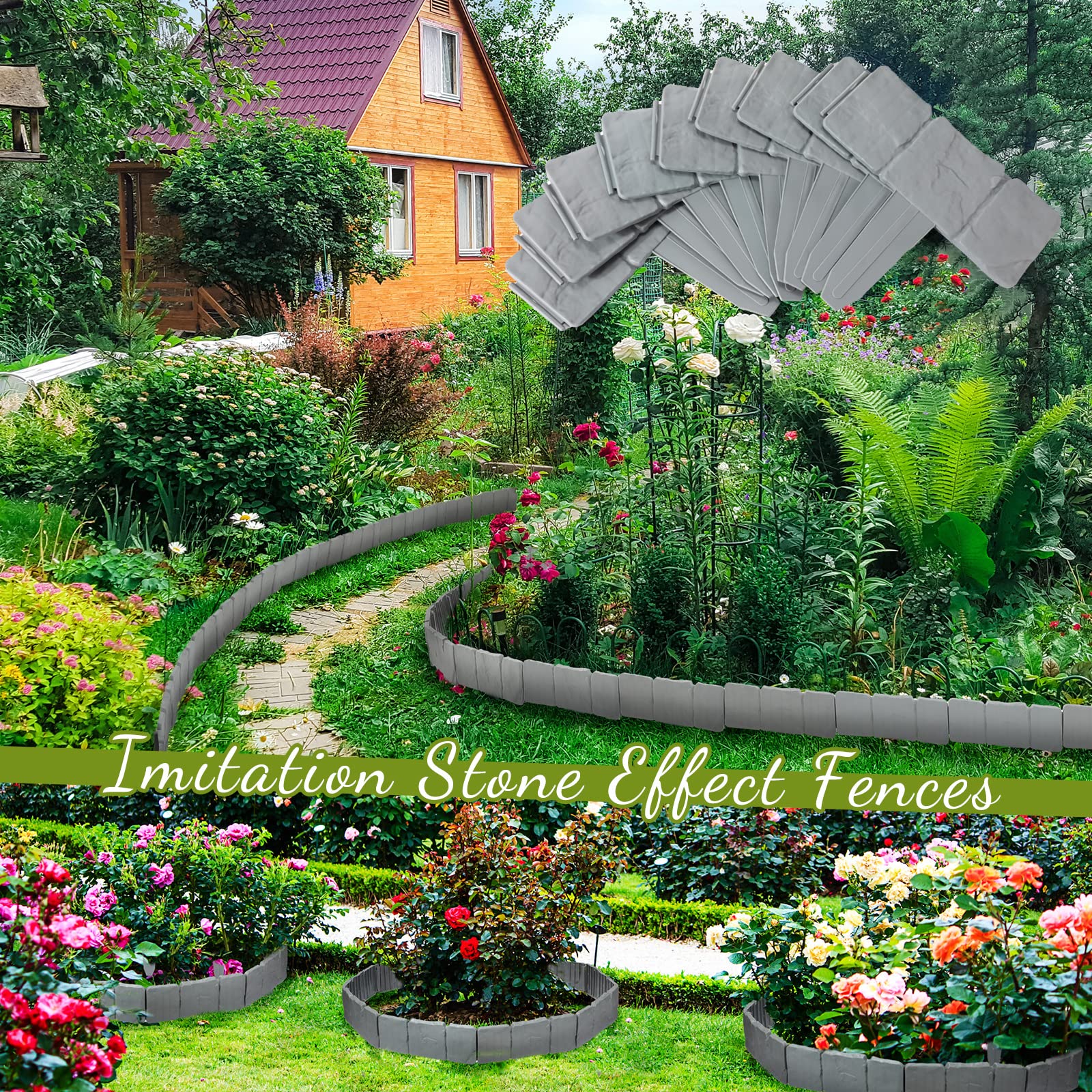 100 Pcs Garden Edging Borders Plastic Landscape Edging Imitation Stone Effect Fence Grey Flower Bed Edging Decorative Lawn Fence Borders for DIY Outdoor Patio Balcony Yard Walkway Landscaping