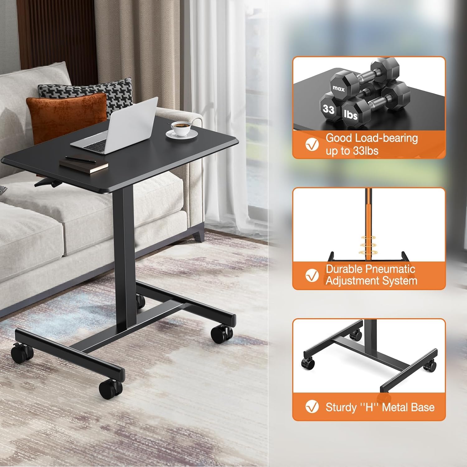 Sweetcrispy Small Mobile Rolling Standing Desk - Overbed Table, Teacher Podium with Wheels, Adjustable Work Table, Rolling Desk Laptop Computer Cart for Home, Office, Classroom