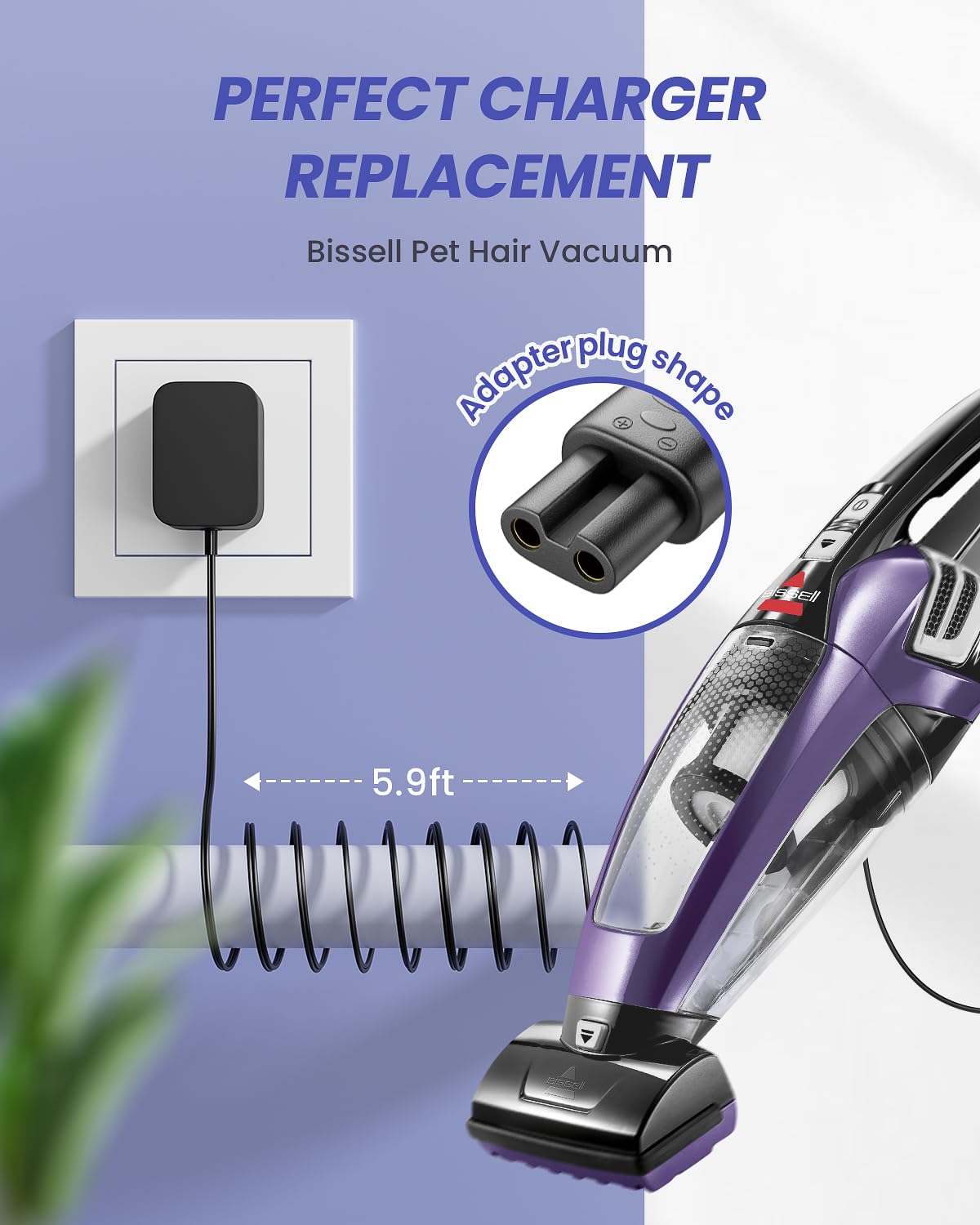 Replacement for Bissell Pet Hair Eraser Charger, Power Cord Compatible with Bissell 2390 2390A 23903 2284W 2284 14.4V Lithium Ion Cordless Handheld Vacuum 1614206 Adapter
