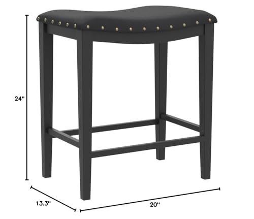 KATDANS Black Bar Stools Set of 2 Counter Height 24 Inches Backless Barstools for Kitchen Counter Modern Saddle Stools Velvet Nailhead Upholstered Stools, KS718PBK, 2Pcs