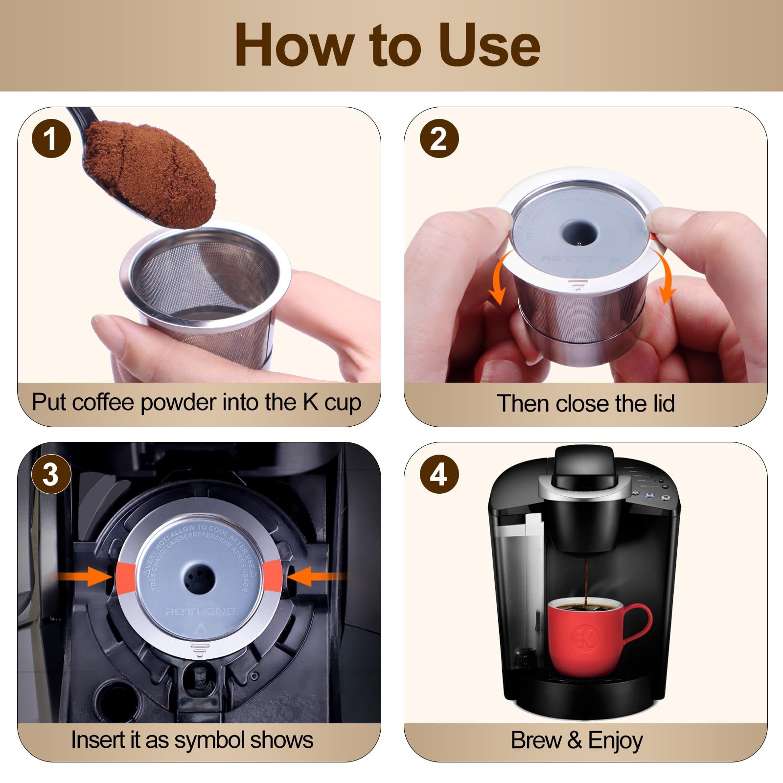 RETHONE K Cup Reusable Coffee Pods, Stainless Steel Reusable K Cups Coffee Filter Compatible with Keurig 1.0 & 2.0 Coffee Makers BPA-Free Refillable Coffee Filters (4 Pack)