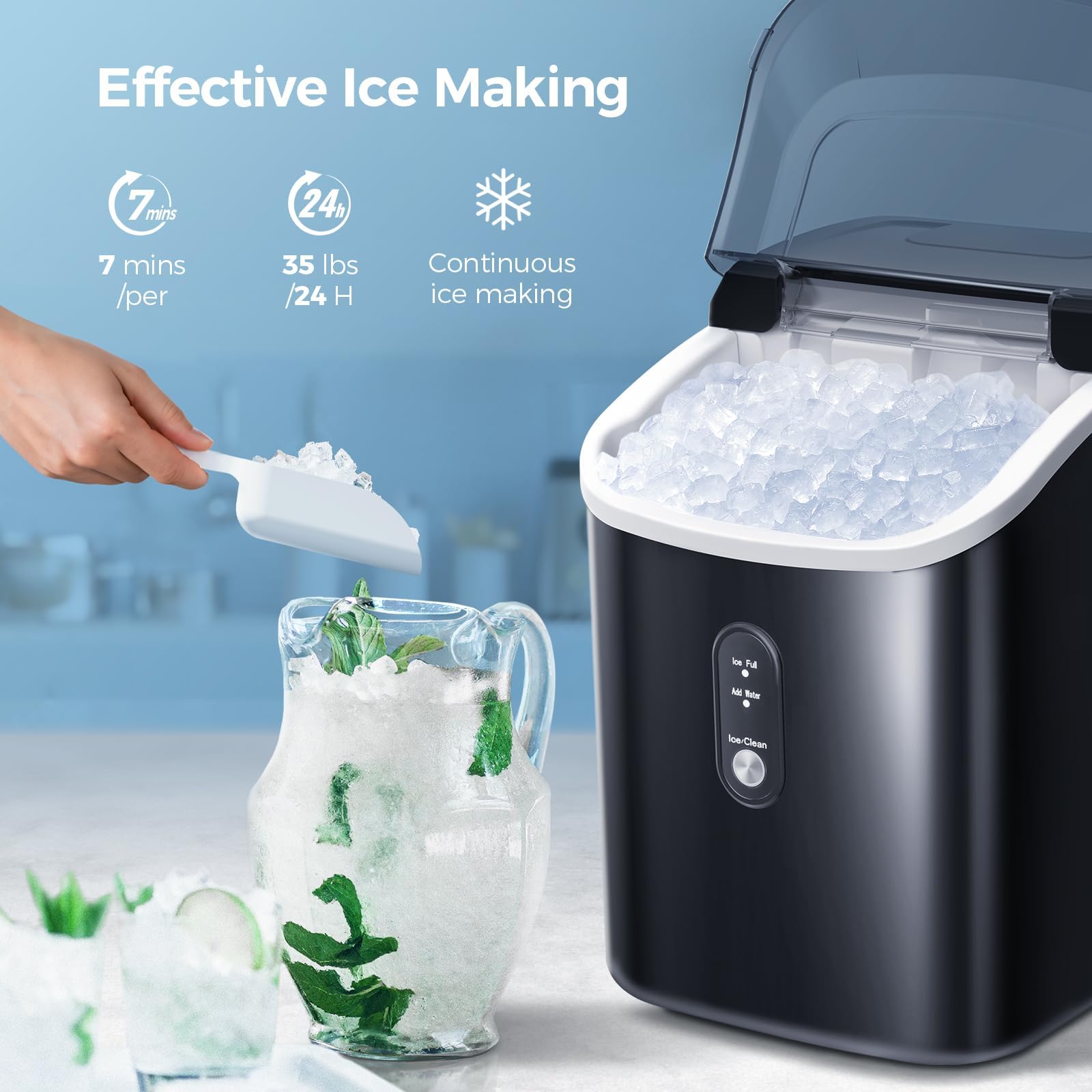 Nugget Ice Maker Countertop with Chewable Ice, 35lbs/Day, Portable Ice Maker Countertop with Handle, One-Click Operation, Compact Design Crushed Pellet Ice Maker for Home/Kitchen/Office(Black)