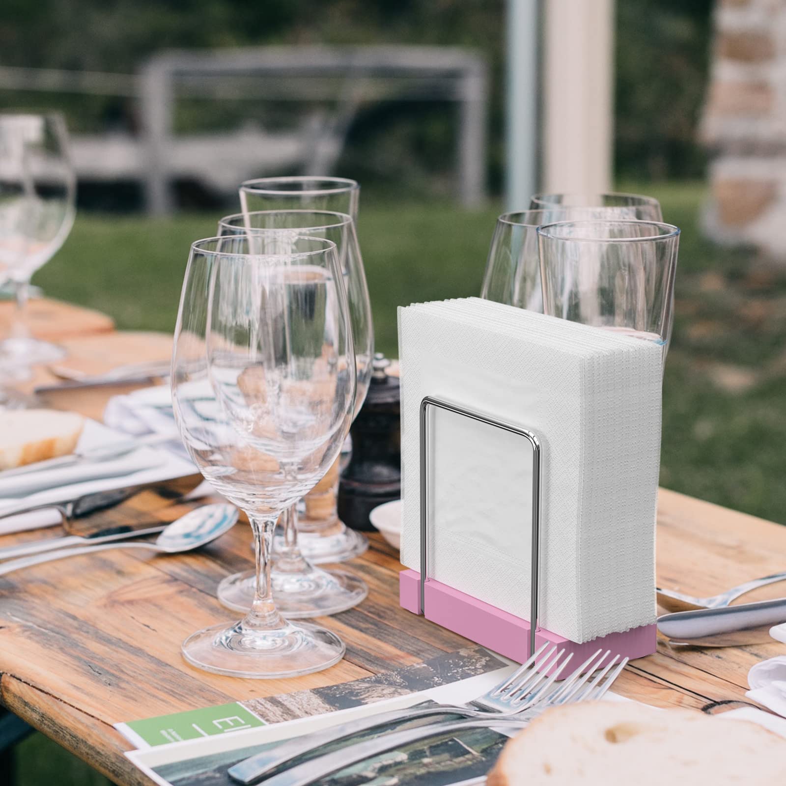 Napkin Holder for Table, Pink Kitchen Accessories Appliances for Table Farmhouse Cocktail Picnic Rustic Bamboo Iron Wood Holders for All Dining Room Decor Silvery & Pink