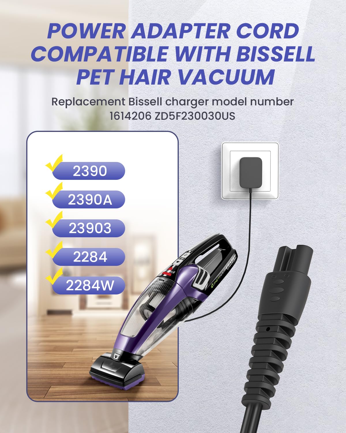 Replacement for Bissell Pet Hair Eraser Charger, Power Cord Compatible with Bissell 2390 2390A 23903 2284W 2284 14.4V Lithium Ion Cordless Handheld Vacuum 1614206 Adapter