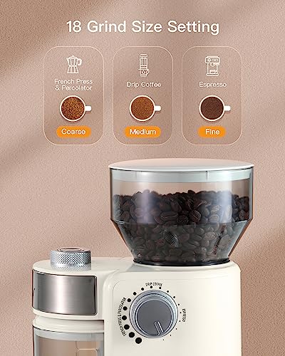 boly Electric Burr Coffee Grinder, Adjustable Burr Mill Coffee Bean Grinder with 18 Grind Settings, Burr Coffee Grinder for Espresso, Drip Coffee and French Press, White