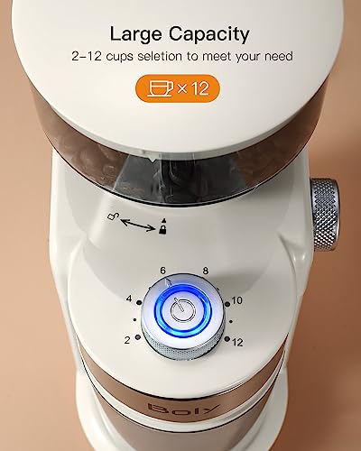 boly Electric Burr Coffee Grinder, Adjustable Burr Mill Coffee Bean Grinder with 18 Grind Settings, Burr Coffee Grinder for Espresso, Drip Coffee and French Press, White