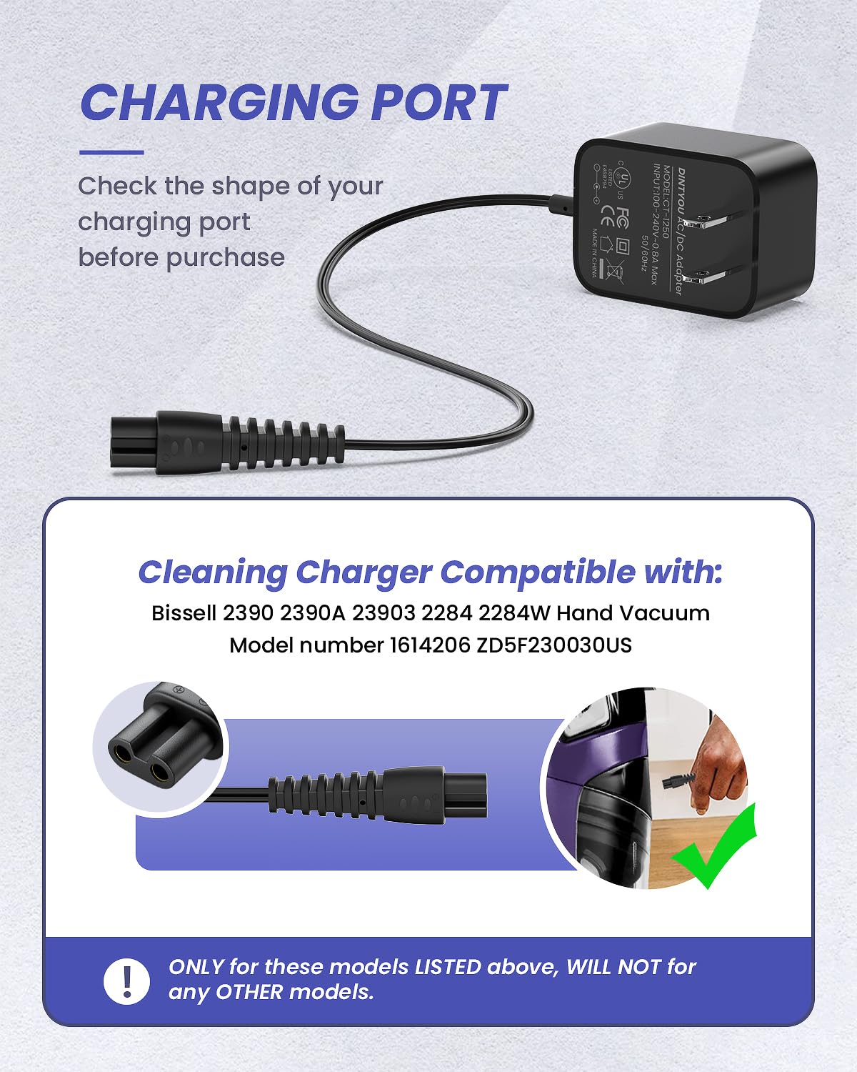 Replacement for Bissell Pet Hair Eraser Charger, Power Cord Compatible with Bissell 2390 2390A 23903 2284W 2284 14.4V Lithium Ion Cordless Handheld Vacuum 1614206 Adapter