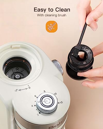 boly Electric Burr Coffee Grinder, Adjustable Burr Mill Coffee Bean Grinder with 18 Grind Settings, Burr Coffee Grinder for Espresso, Drip Coffee and French Press, White