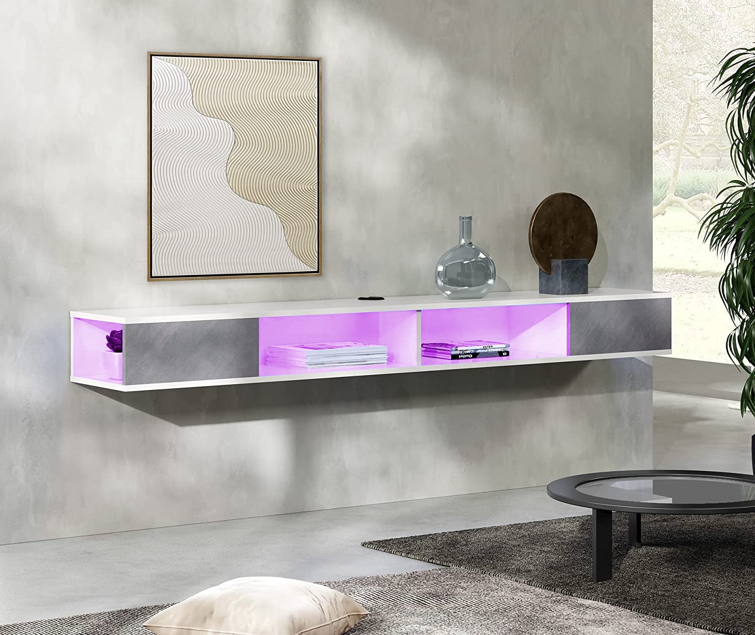 WAMPAT Floating 70 inch TV Stand with 16-Color LED Lights, Entertainment Center Media Console, Wall Mounted Shelf Media Console Cabinet with Storage for 65/70/75 Inch TVs, White&Grey