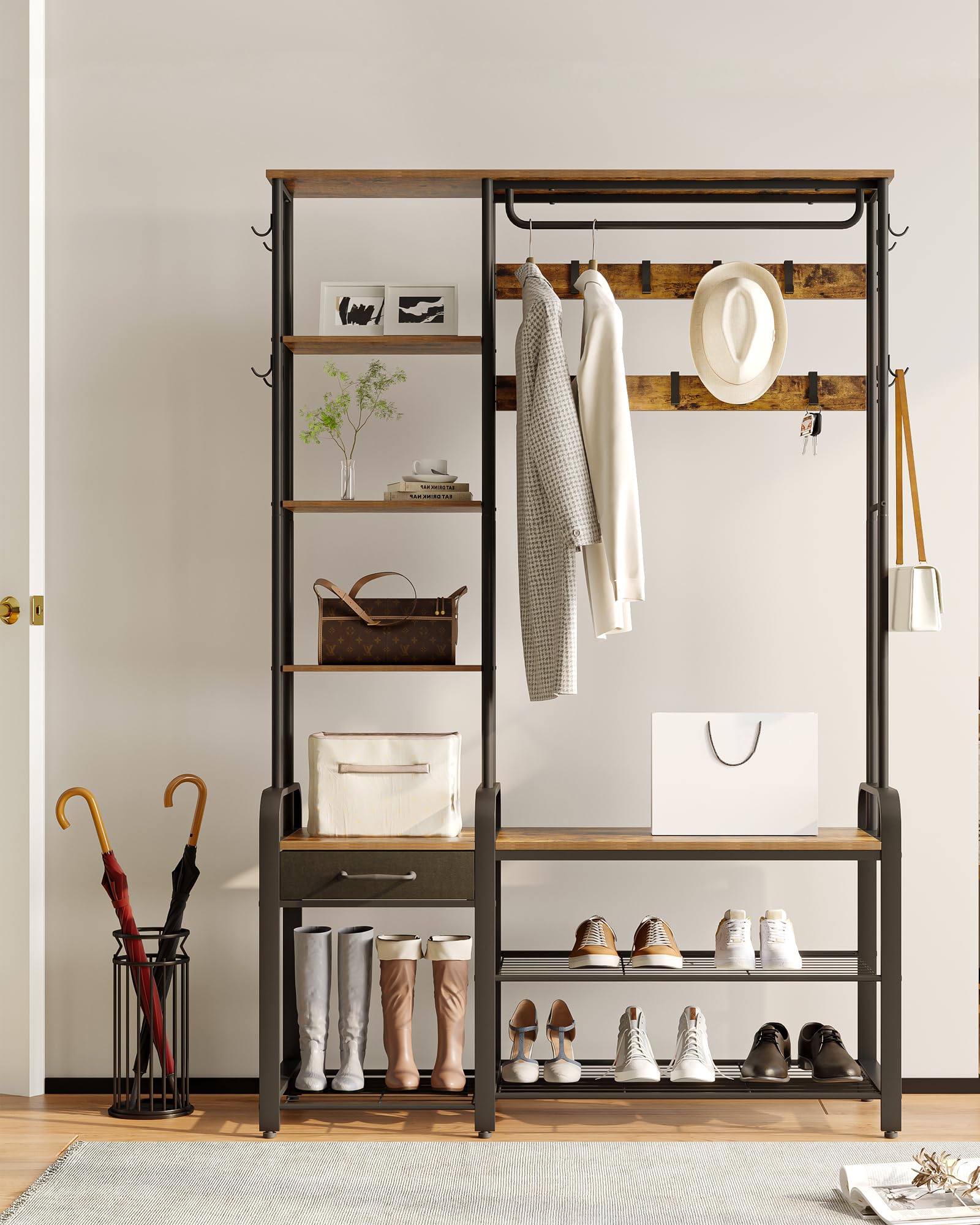 Hzuaneri Hall Tree, Coat Rack with 3-Tier Storage Bench and 1 Drawer, 5-in-1 Entryway Bench with 17 Hooks, 1 Hanging Rod, 4-Tier Side Shelves, Rustic Brown HT03501B
