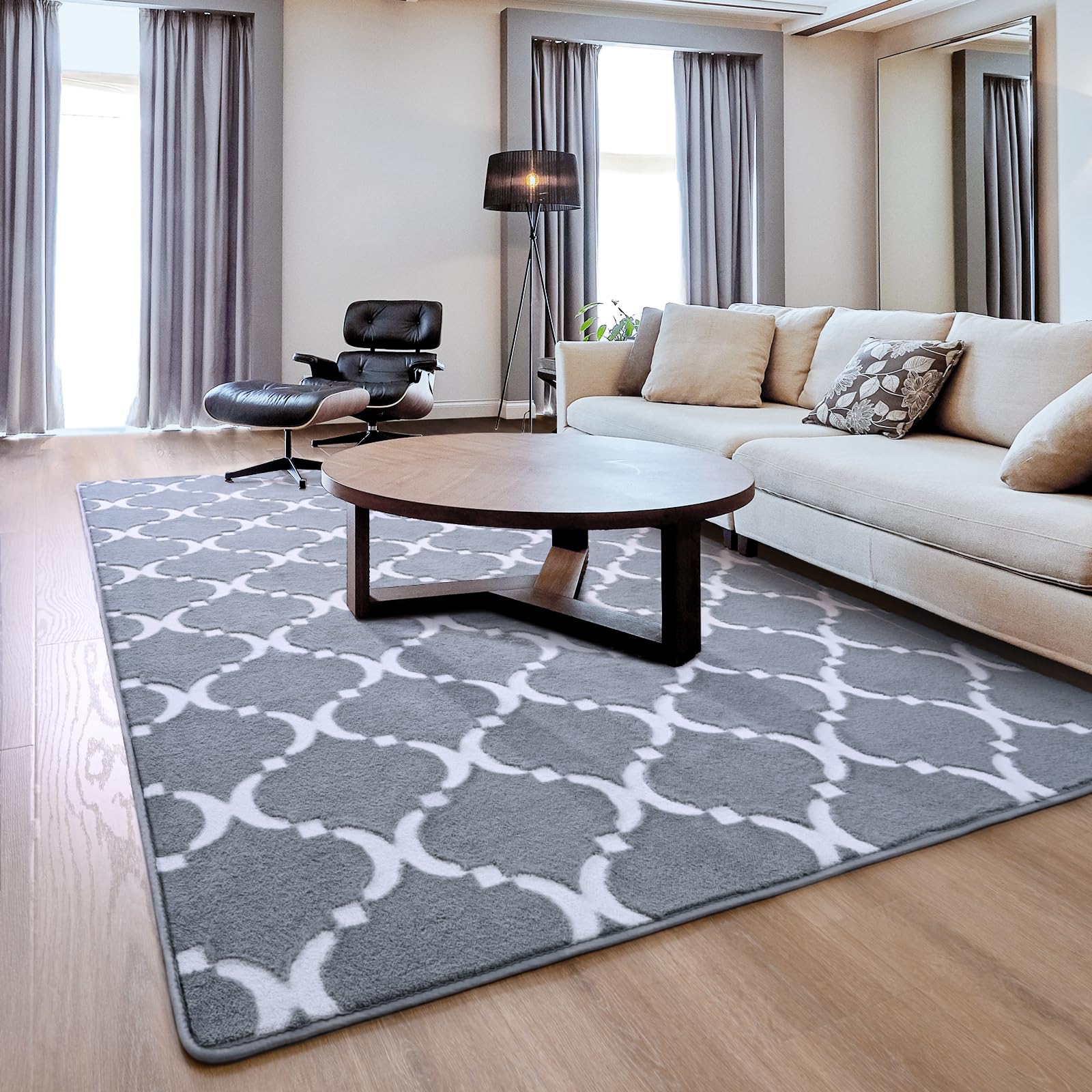 Comeet Modern Geometric Shag Area Rug for Bedroom, 4'x6' Memory Foam Floor Mat Washable Non-Slip Rug, Indoor Carpet for Living Room, Bedside, Office, Kids Nursery Dorm, Room Decor Grey/White