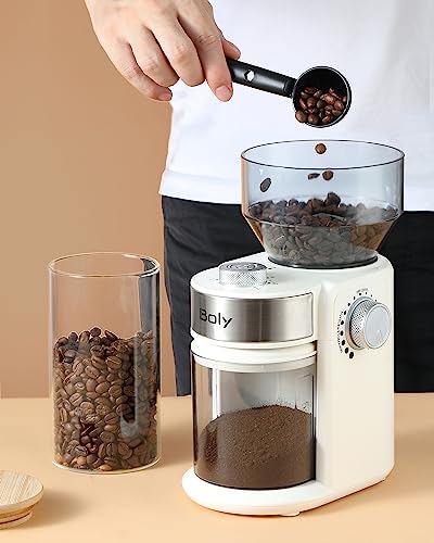 boly Electric Burr Coffee Grinder, Adjustable Burr Mill Coffee Bean Grinder with 18 Grind Settings, Burr Coffee Grinder for Espresso, Drip Coffee and French Press, White