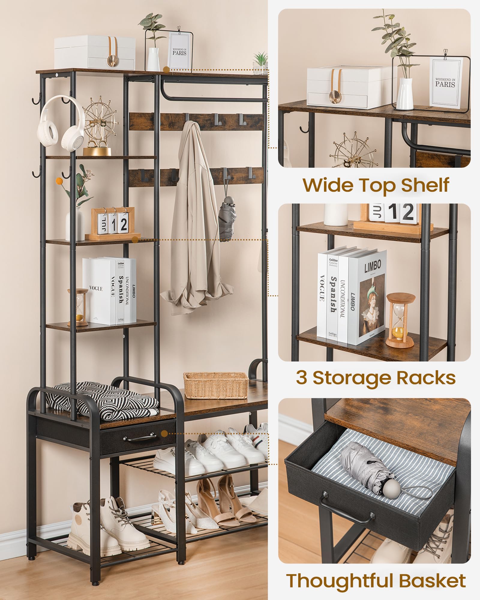 Hzuaneri Hall Tree, Coat Rack with 3-Tier Storage Bench and 1 Drawer, 5-in-1 Entryway Bench with 17 Hooks, 1 Hanging Rod, 4-Tier Side Shelves, Rustic Brown HT03501B
