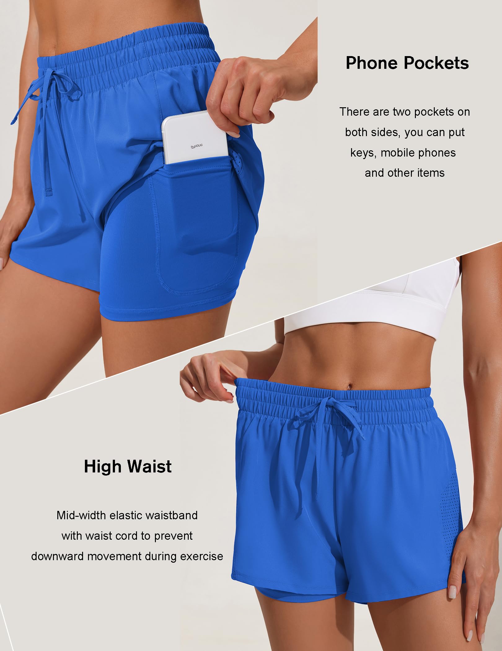 PINSPARK Womens High Waisted Running Shorts Soft Liner 4'' Dolphin Quick Dry Athletic Gym Track Workout Shorts with Pockets Royal Blue L