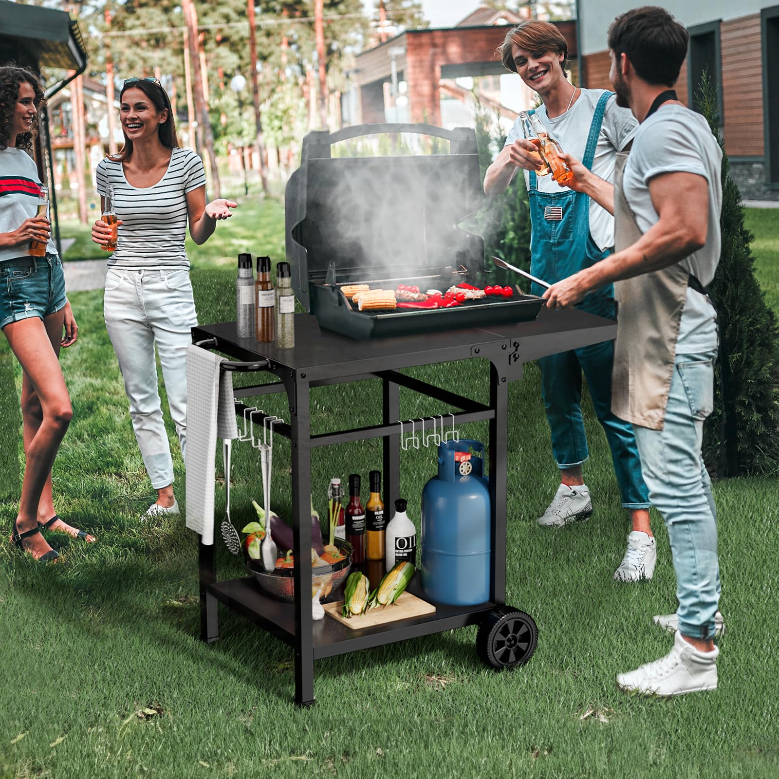 Blomed Dining Cart Table with Double-Shelf, Grill Cart with Wheels, Movable Steel Flattop Worktable, 6 Hooks, Side Handle, BBQ Cart Pizza Oven Stand