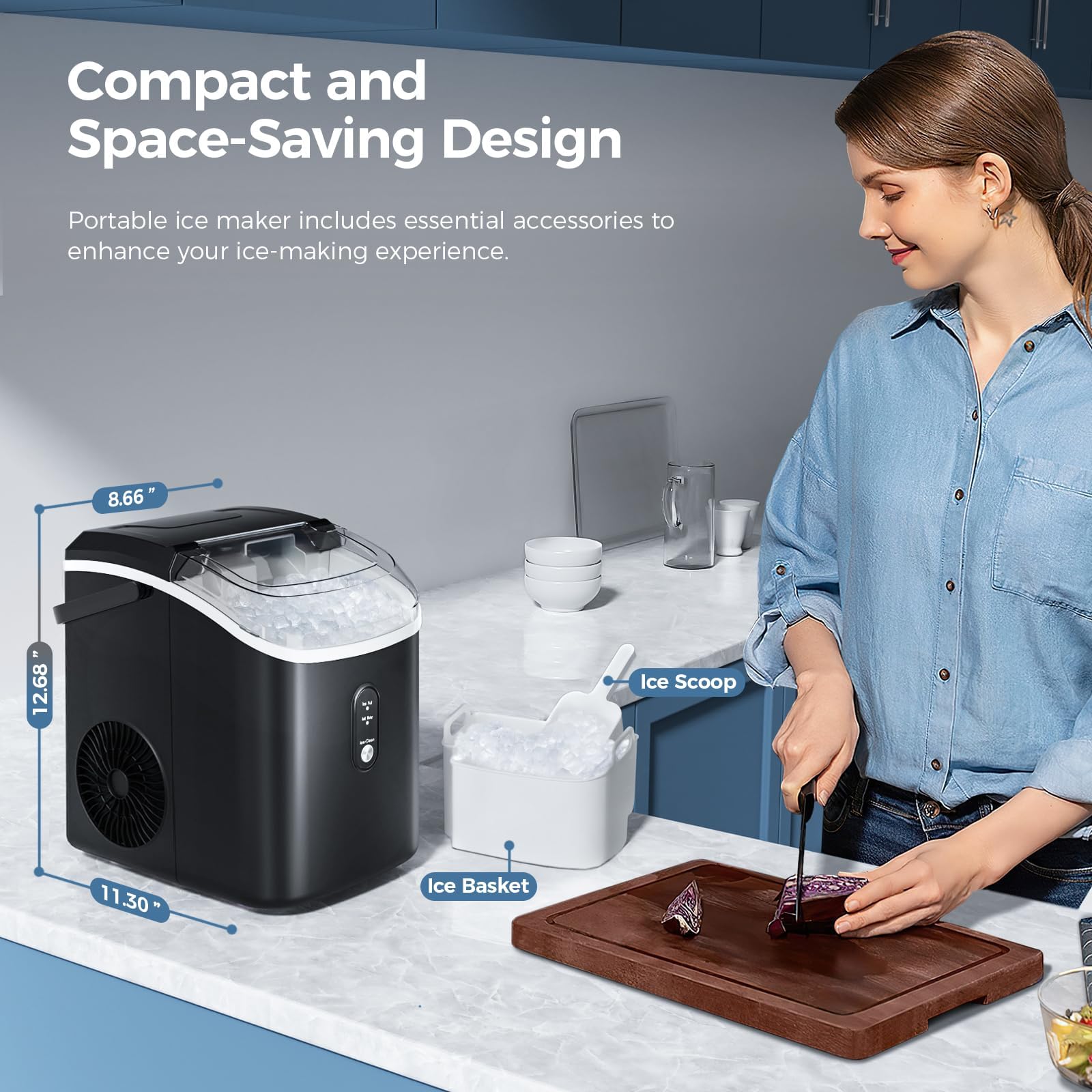 Nugget Ice Maker Countertop with Chewable Ice, 35lbs/Day, Portable Ice Maker Countertop with Handle, One-Click Operation, Compact Design Crushed Pellet Ice Maker for Home/Kitchen/Office(Black)