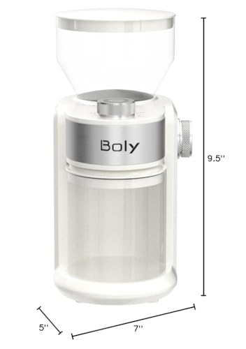 boly Electric Burr Coffee Grinder, Adjustable Burr Mill Coffee Bean Grinder with 18 Grind Settings, Burr Coffee Grinder for Espresso, Drip Coffee and French Press, White