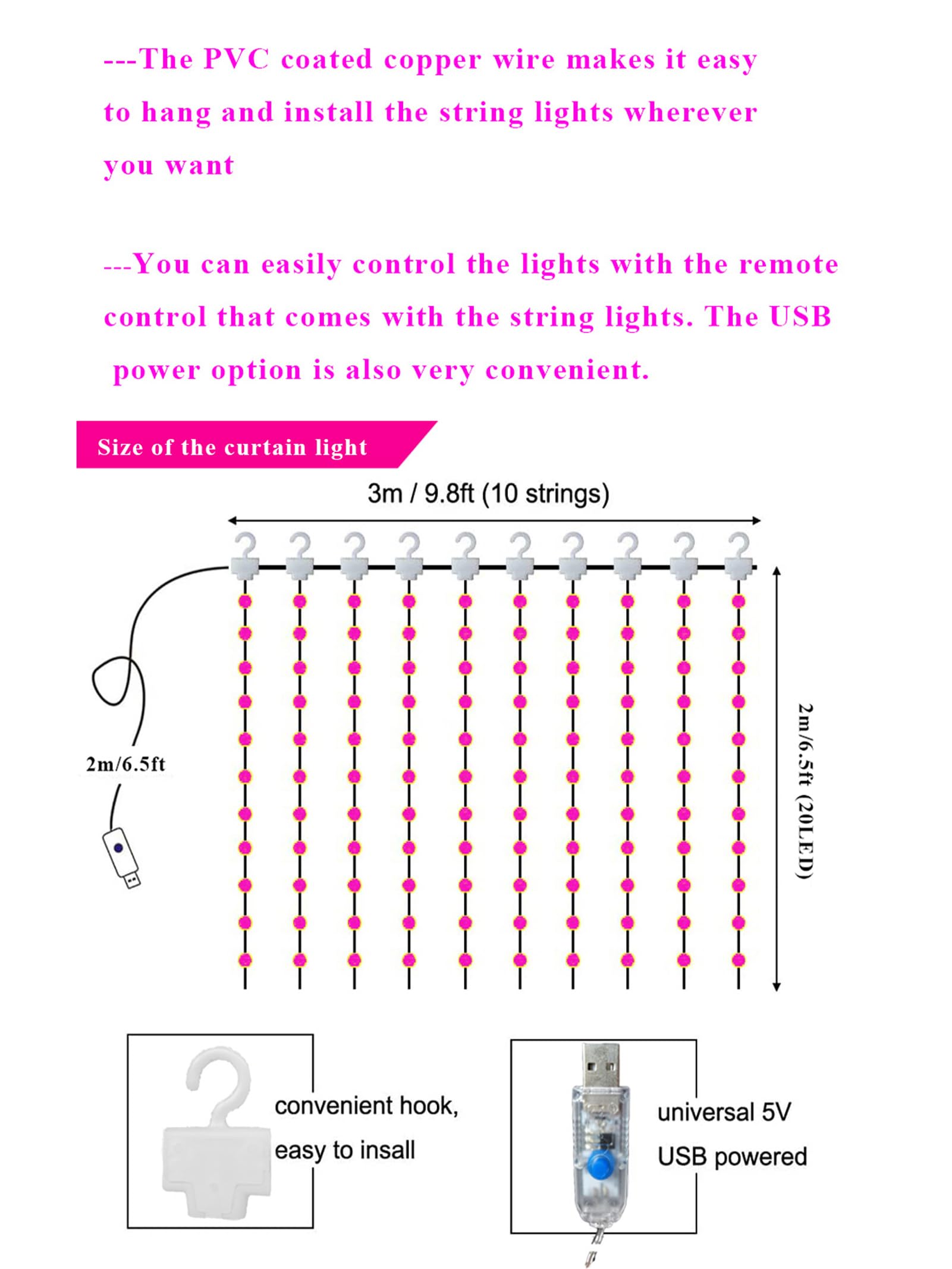 ORSMGOLF Fairy Curtain String Lights, Room Decor &Ideal Gift for Teens Girl, 8 Modes Wall Lights & Valentine's Day Indoor Decorations (Pink)